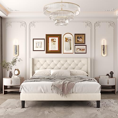 Lonkwa Queen Size Bed Frame with Upholstered Wingback, Beige Platform Bed Frame with Headboard Tufted Diamond Button, Sturdy Wooden Slats, Noise-Free, Easy Assembly
