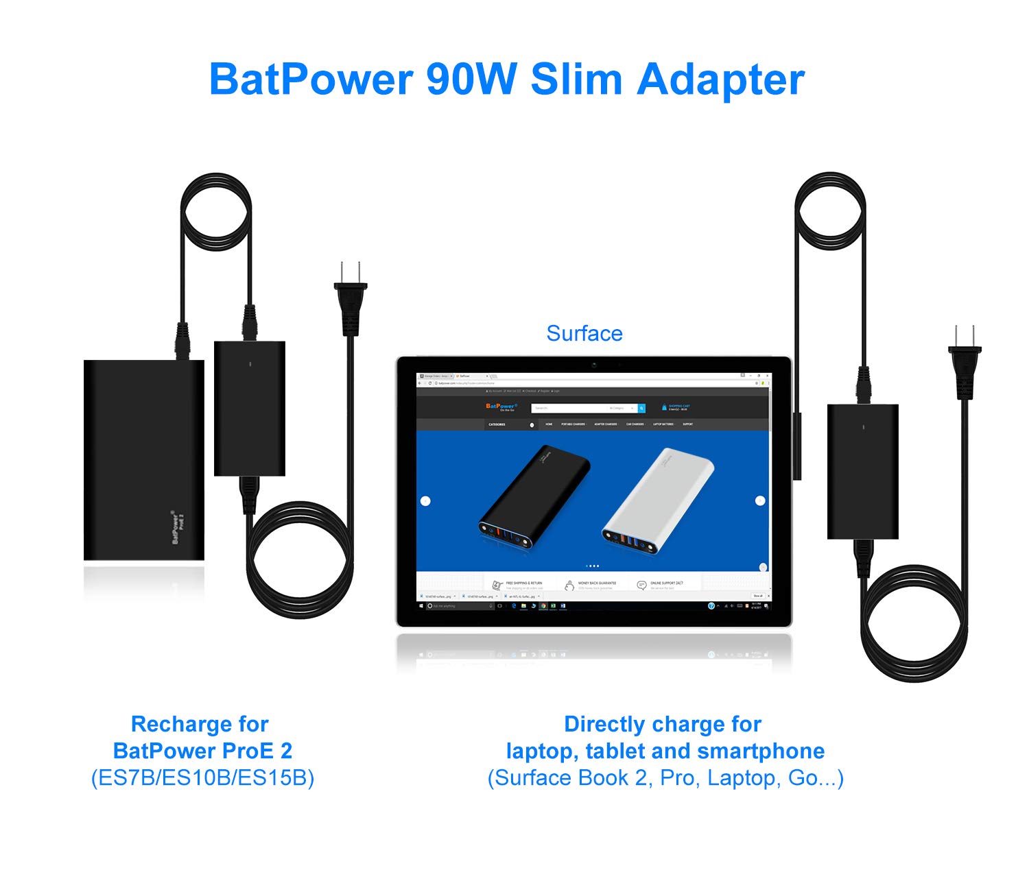 BatPower ProE 2 ES7B 98Wh Surface Power Bank for Surface Pro X 9 8 7 6 5 4 3 2 RT Go Surface Book 3 2 1 External Battery Surface Laptop 4 3 2 1 Portable Charger, USB QC Fast Charge Tablet Smartphone
