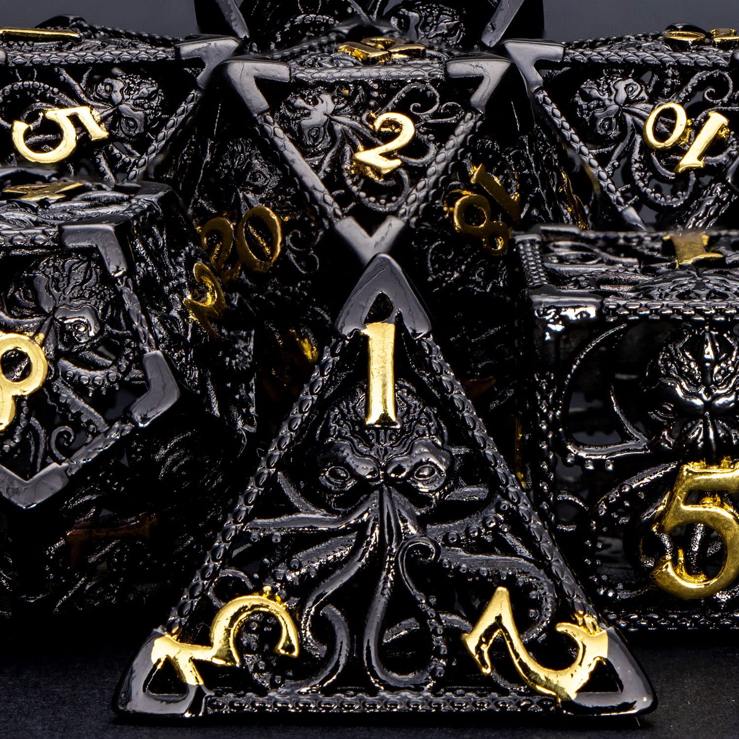 ARUOHHA Dungeons and Dragons Dice DND Metal Dice Set Mind Flayer D and D Dice for Pathfinder MTG Role Playing Dice Hollow Polyhedral Dice Black D&D Dice Set with Gift Box D20 D12 D10 D8 D6 D4
