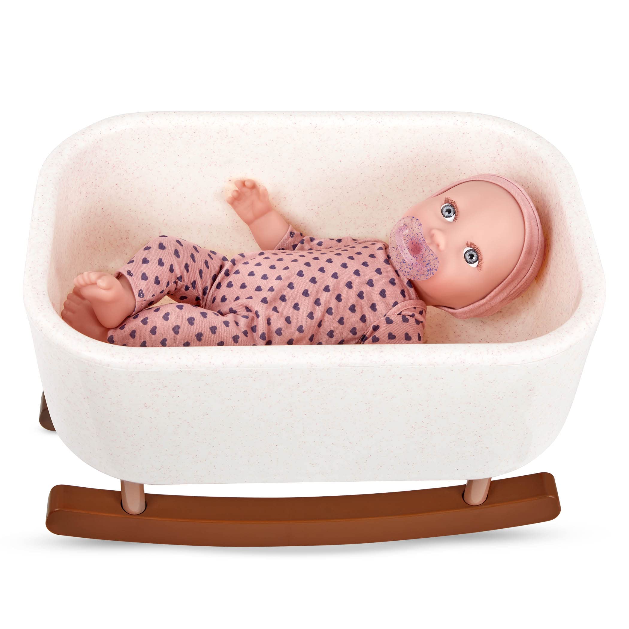 Battat Babi 14-inch Baby Girl Doll & Bassinet – Medium-Light Skin Tone & Gray Eyes – Removable Heart Polka Dot Pajama with Pacifier – Rocking Cradle Pretend-Play–Toys for Kids Ages 3 and Up