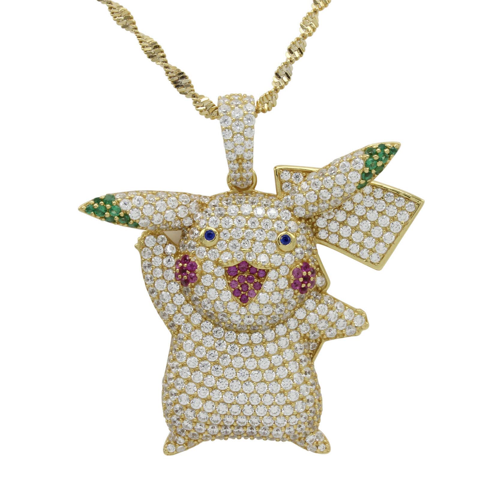 AryanJewels 1.00 Ct Round Cut Multi-Color Diamonds Pokemon Pikachu Women's Charm Pendant Necklace 925 Sterling Silver 14K Yellow Gold Over