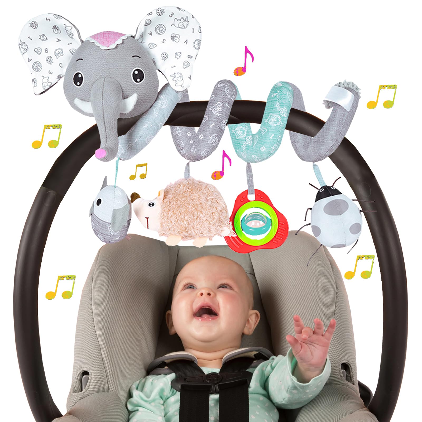 Baby Car Seat Toys, Hanging Stroller Toys for Baby 0-6 Months Infants Activity Spiral Toys with Musical Owl Rattles Hedgehog Beep Ladybug Squeaker - Gray Elephant Toys for Newborn Baby 0 3 6 12 Months