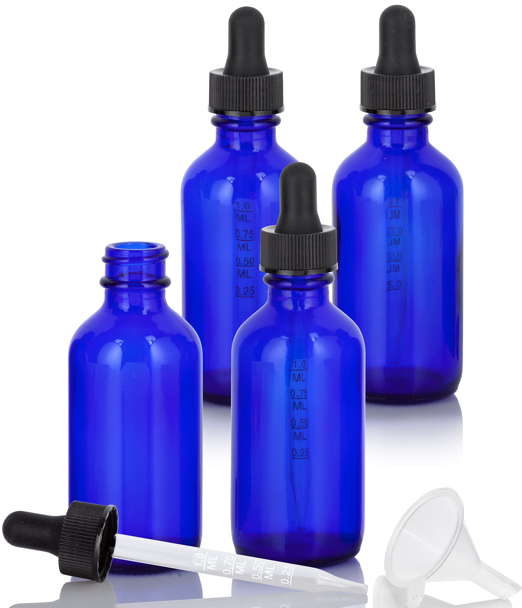 JUVITUS 2 oz / 60 ml Cobalt Blue Glass Boston Round Graduated Measurement Glass Dropper Bottle (4 pack) + Funnel