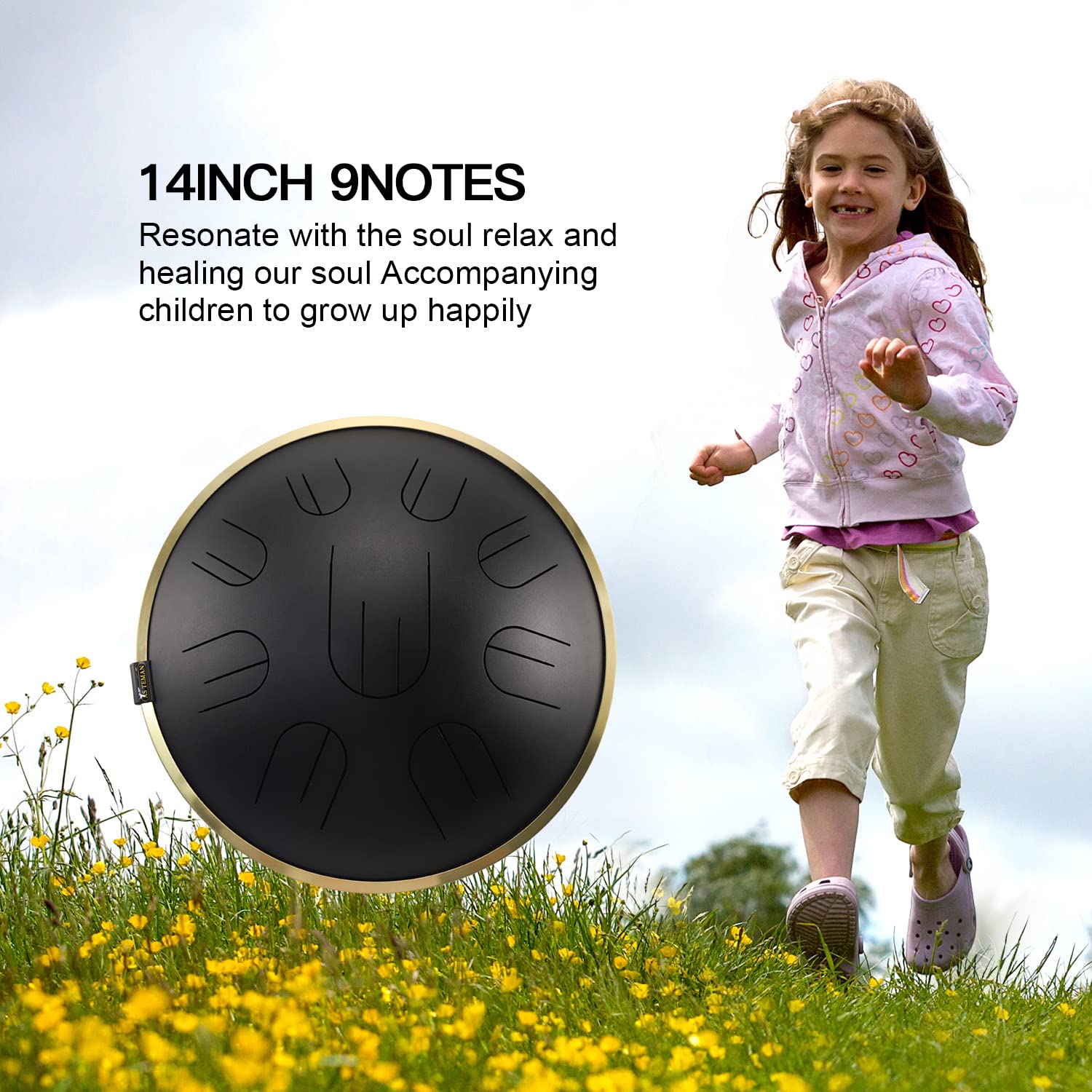 AS TEMAN Steel Tongue Drum 14inche 9Notes handpan in D Amara Percussion Instrument-tank drum-Hank drum,suitable for Meditation Entertainment Musical Education Mind Healing Yoga(Black)