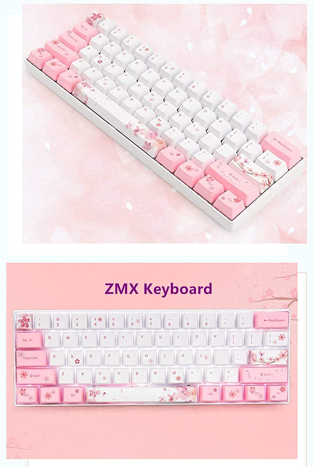 ZMX Cherry Blossom 61 Mechanical Keyboard,Hot Swappable 60％Compact Mechanical 5.0Bluetooth/Type-C Wired Dual-Mode RGB Backlit Dye-Sublimation PBT Keycap Gaming Keyboard(Black Switch, Pink)