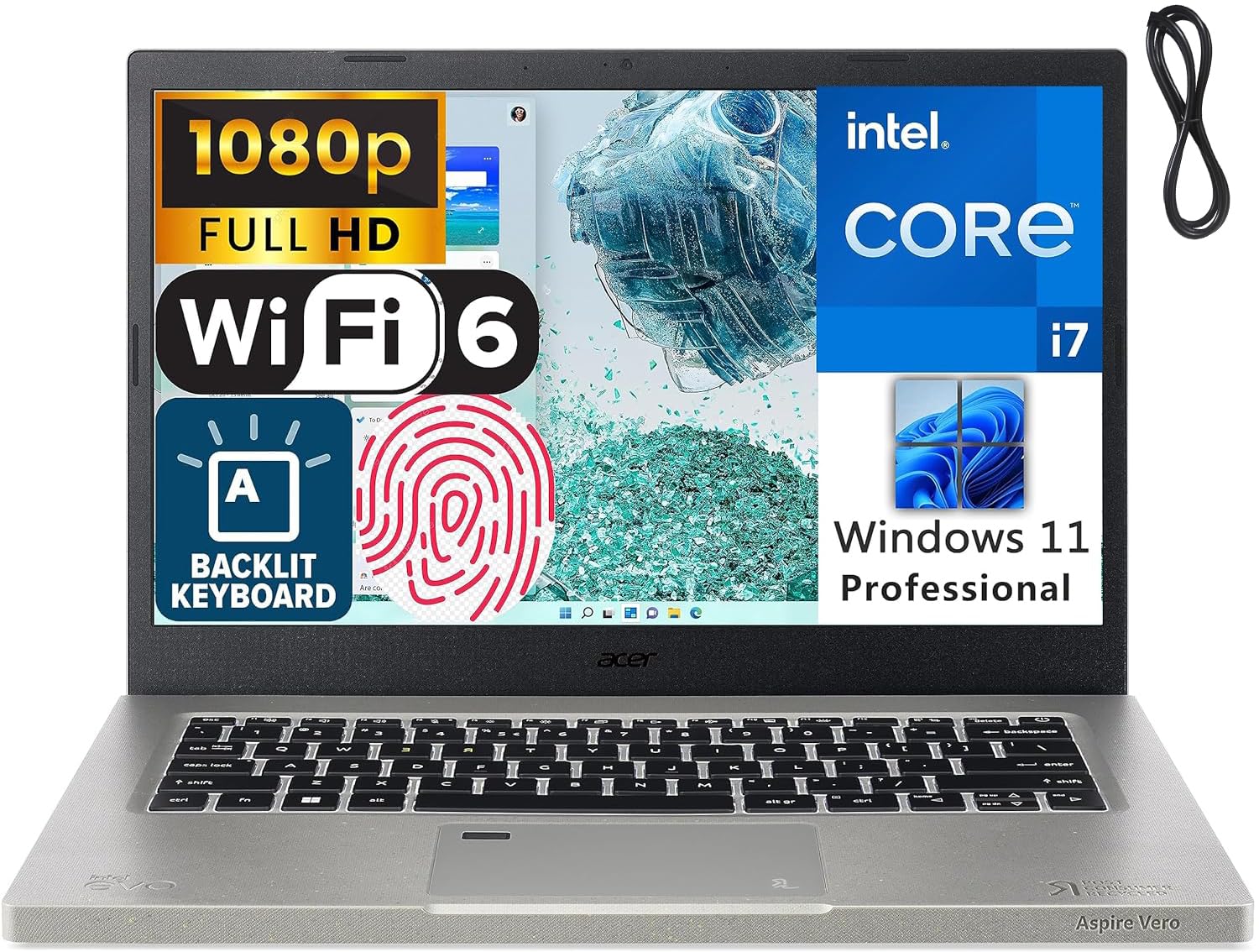 acer 2023 Aspire Vero AV14 14" FHD Business Laptop Computer, 12th Gen Intel 10-Core i7-1255U, 16GB DDR4 RAM, 128GB PCIe SSD, WiFi 6, Backlight KB, Fingerprint Reader, Windows 11 Pro, BROAG Cable