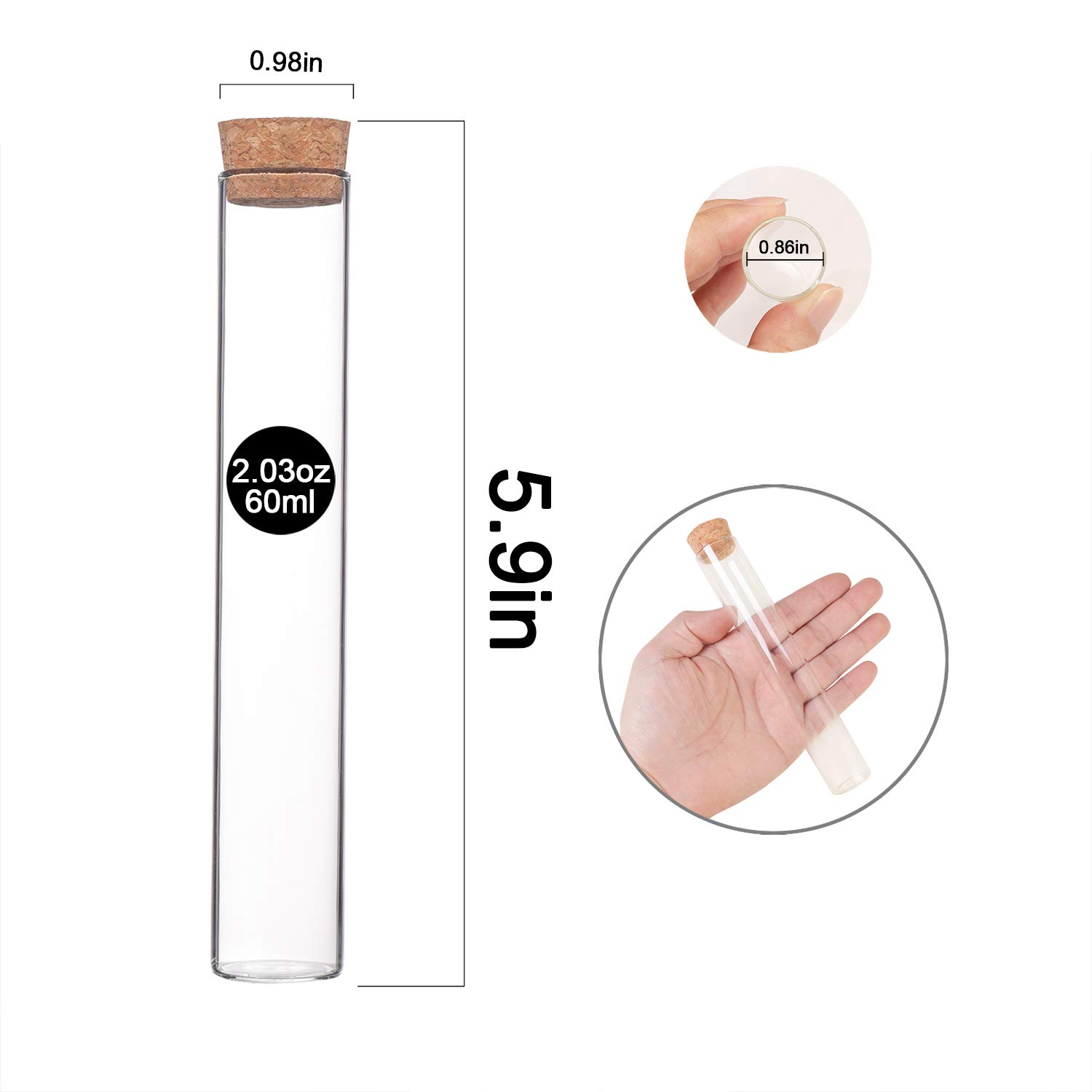 JODIO Glass Test Tubes,18PCS 60ml Clear Flat Test Tubes with Corks Stopper,for Scientific Experiments, Party Decorations, Candy Storage,as Bath Salt Containers(25x150mm)