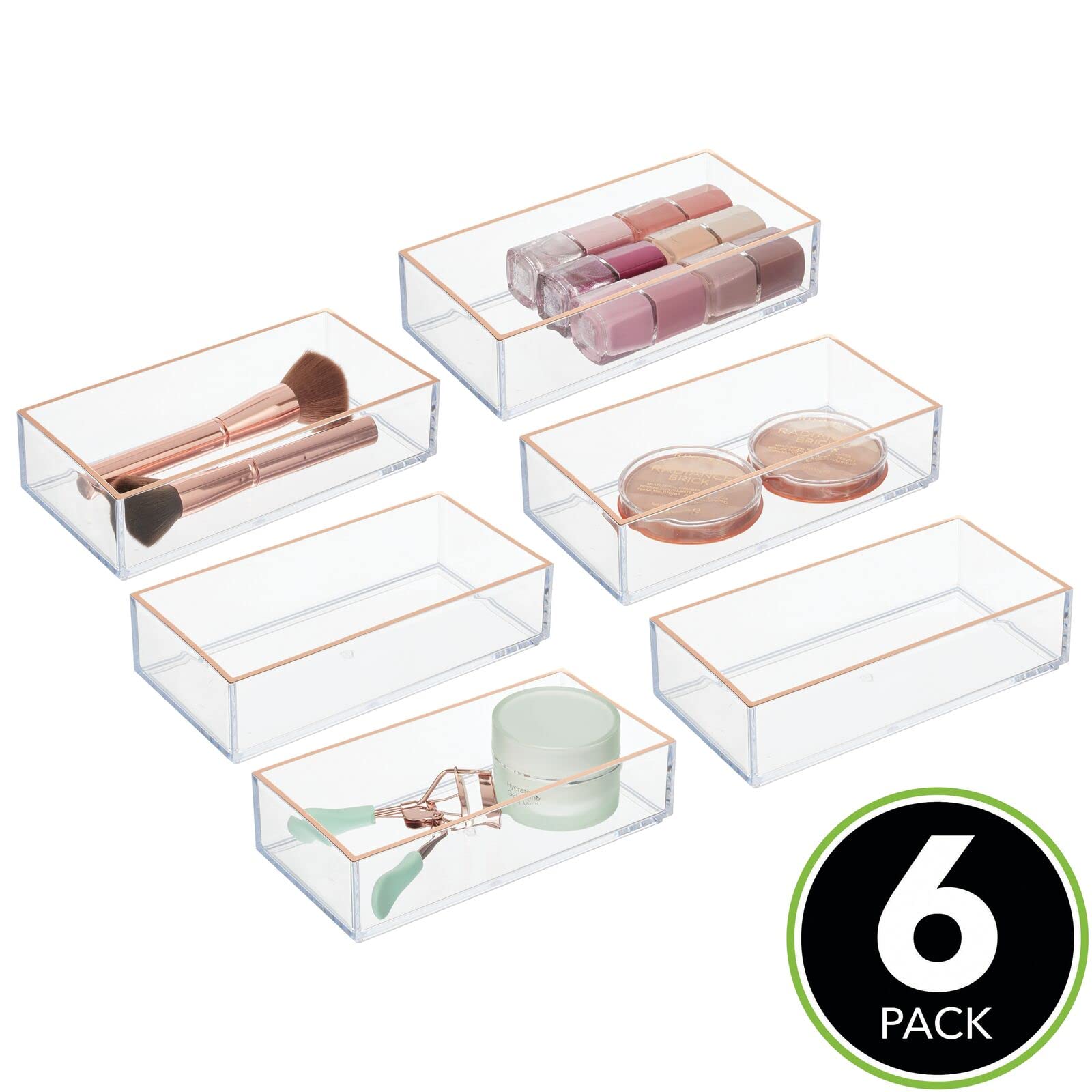 mDesign Plastic Beauty Organizer Bin for Bathroom Drawers, Vanity, or Countertops, Storage for Makeup Brushes, Palettes, Blush, Concealers, or Hair Ties, Lumiere Collection, 6 Pack, Clear/Rose Gold
