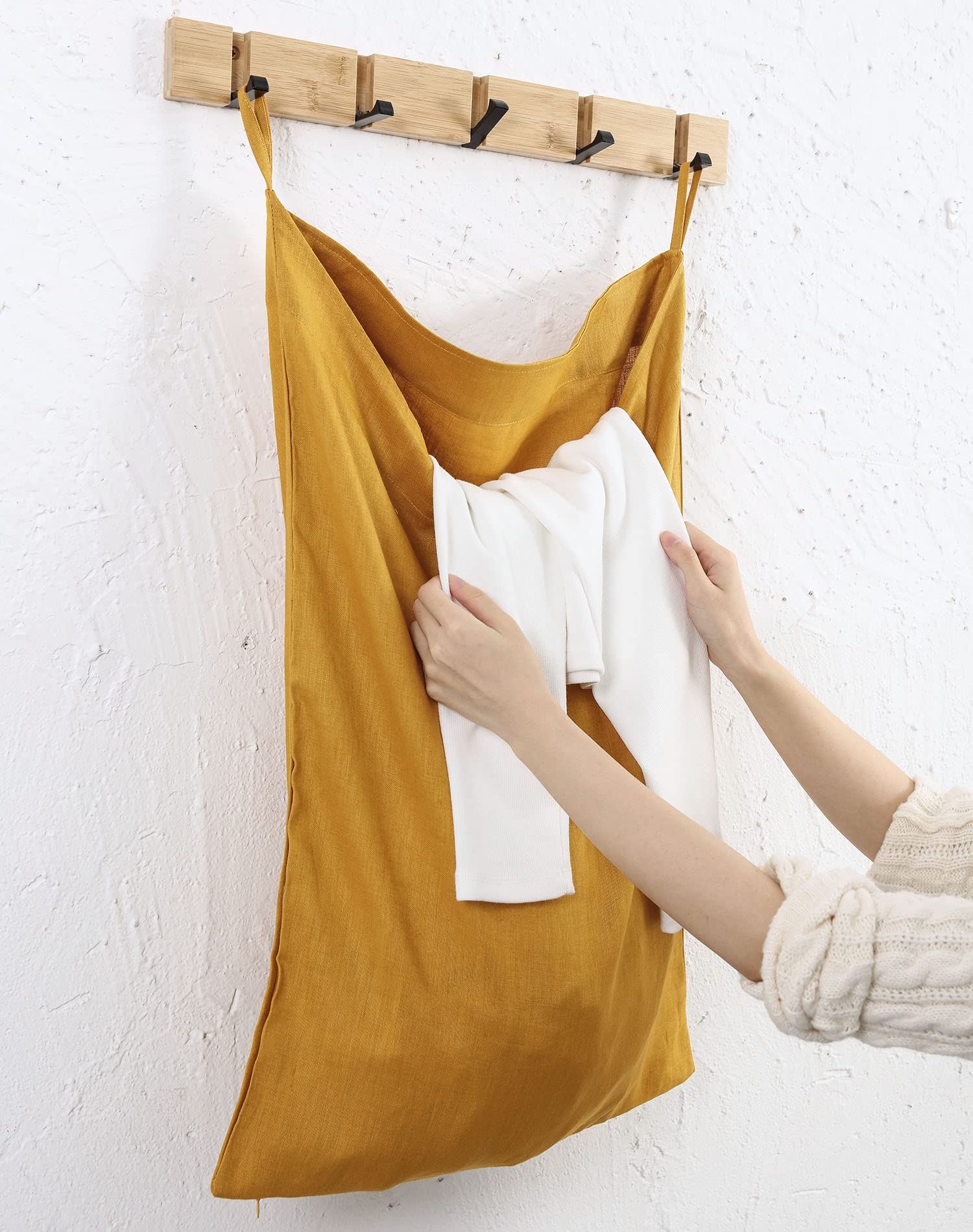 Amazhiyu Pure Linen Over The Door Laundry Hanging Hamper Bag with Bottom Zipper for Holding Dirty Clothes Yellow