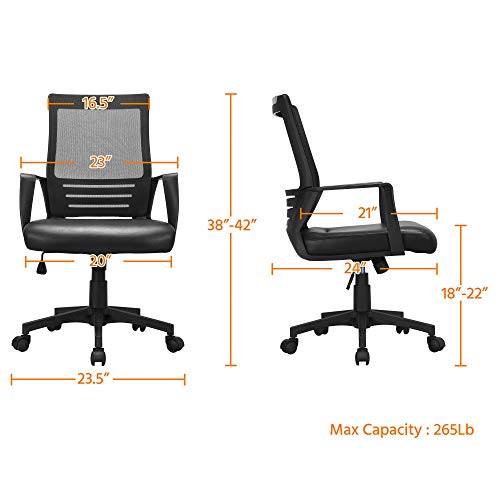 Yaheetech Ergonomic Office Chair Leather Seat and Mesh Back Combine Computer Chair Executive Chair Mid-Back Rolling Swivel Chair w/Lumbar Support and Armrests Adjustable Height for Office,Black