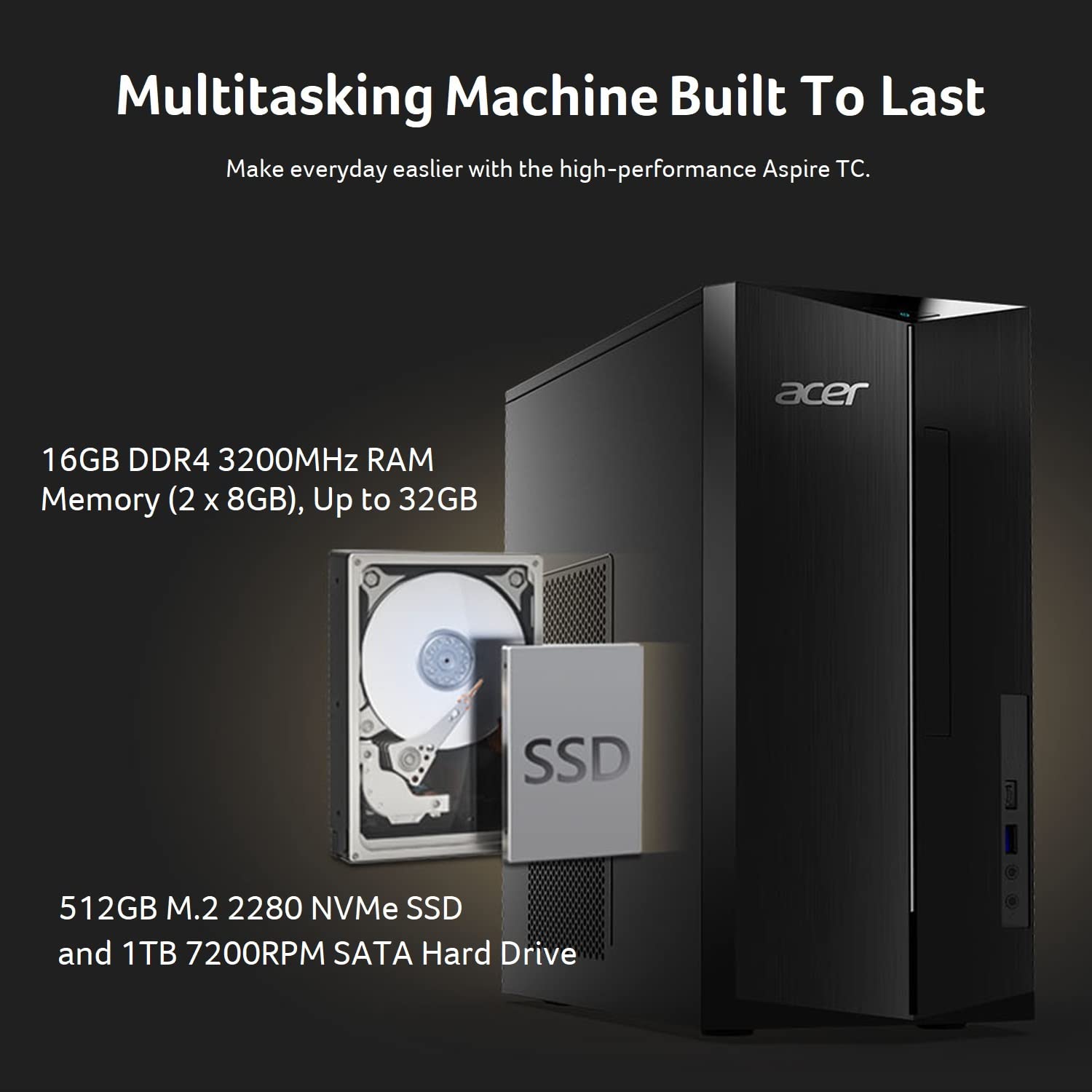 Acer Aspire TC-1760-UR12 Desktop | 12th Gen Intel Core i7-12700 12-Core Processor | 16GB 3200MHz DDR4 | 512GB SSD | 1TB HDD | 8X DVD | Intel Wireless Wi-Fi 6E AX211 | Bluetooth 5.2 | Windows 11 Pro