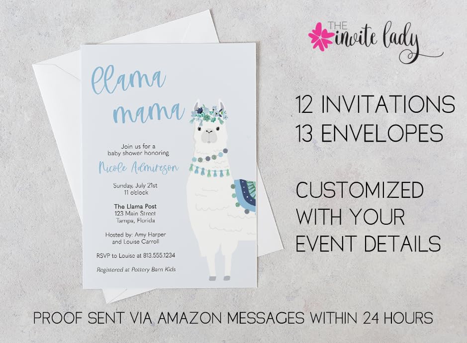 Llama Baby Shower Invitations Llama Mama Invites Blue Boy Boho Bohemian Fiesta Alpaca Custom Personalized Printed Cards (12 count)