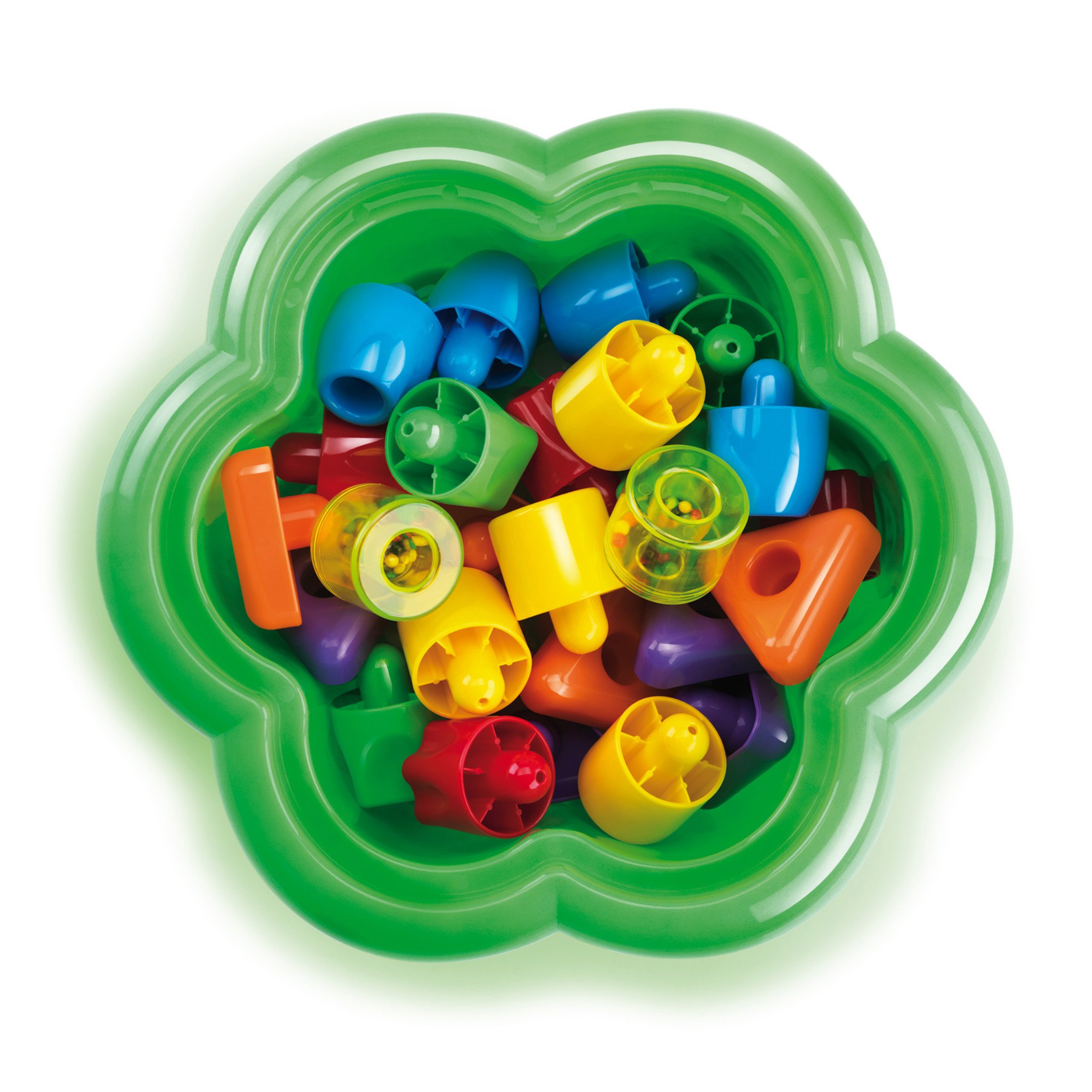 ASO Quercetti Chunky Peggy Stacking Toy - 28-Pieces Including 2 Rattle Pegs, Sturdy Daisy Basket Design with Built-in Storage, for Toddlers and Kids Ages 1 Year and up