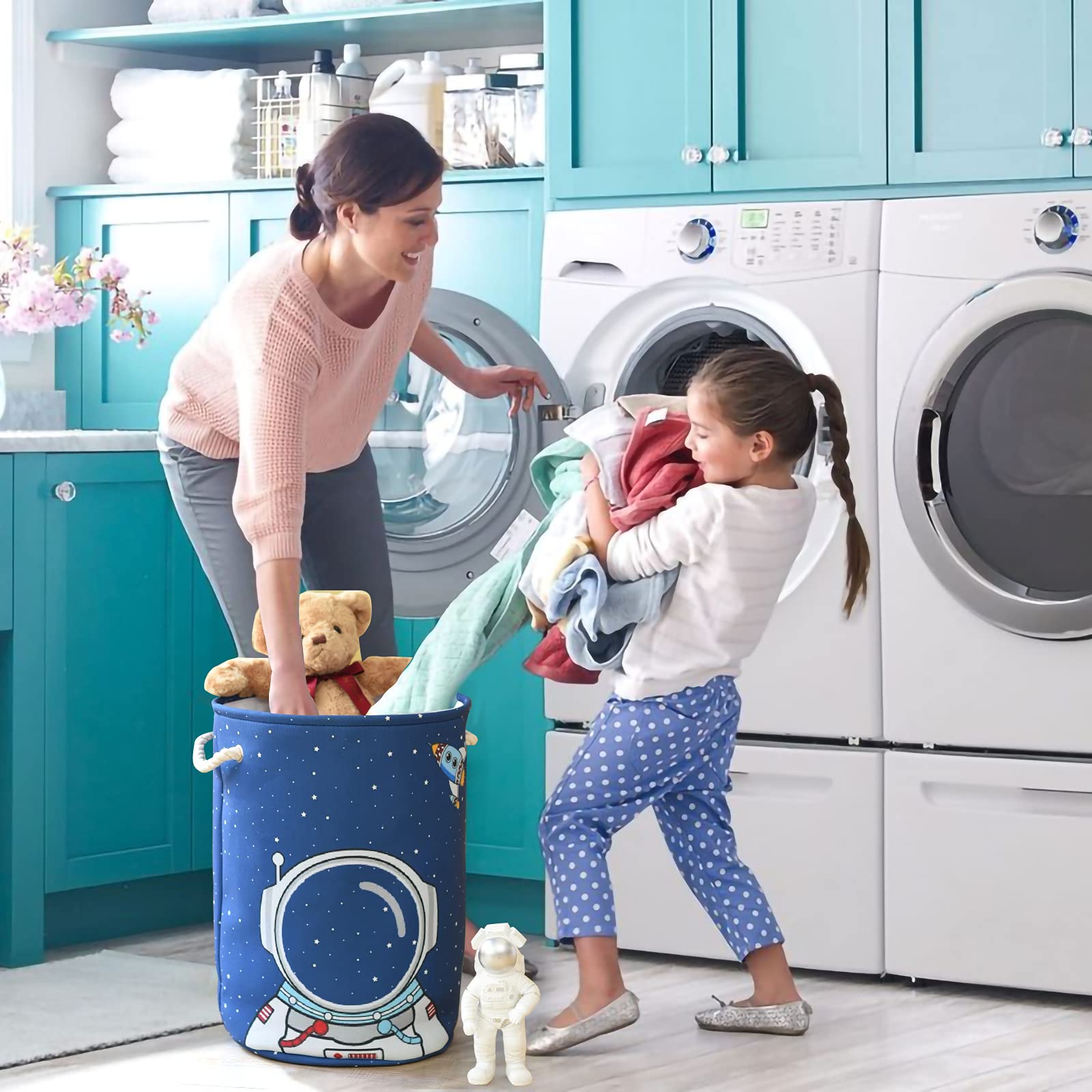 INough Kids Laundry Hamper for Boys, Toy Box Baby Hamper Laundry Baskets, Boys Room Decor Large Collapsible Waterproof Round Linen Laundry Hamper with Handles for Playroom, Bedroom (Astronaut)