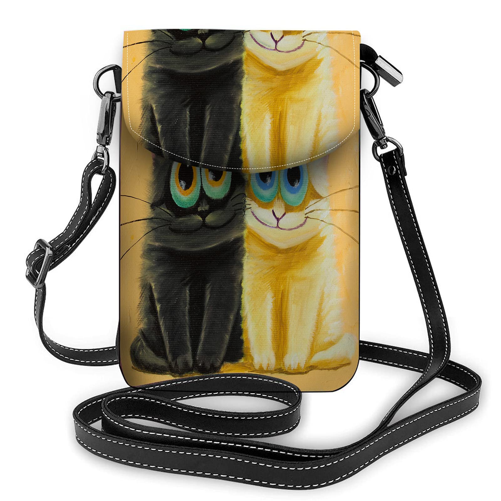 Beabes Cute Cat Crossbody Cell Phone Purse Funny Cartoon Big Eyes Animal Kitty Black YellowWallet Handbag