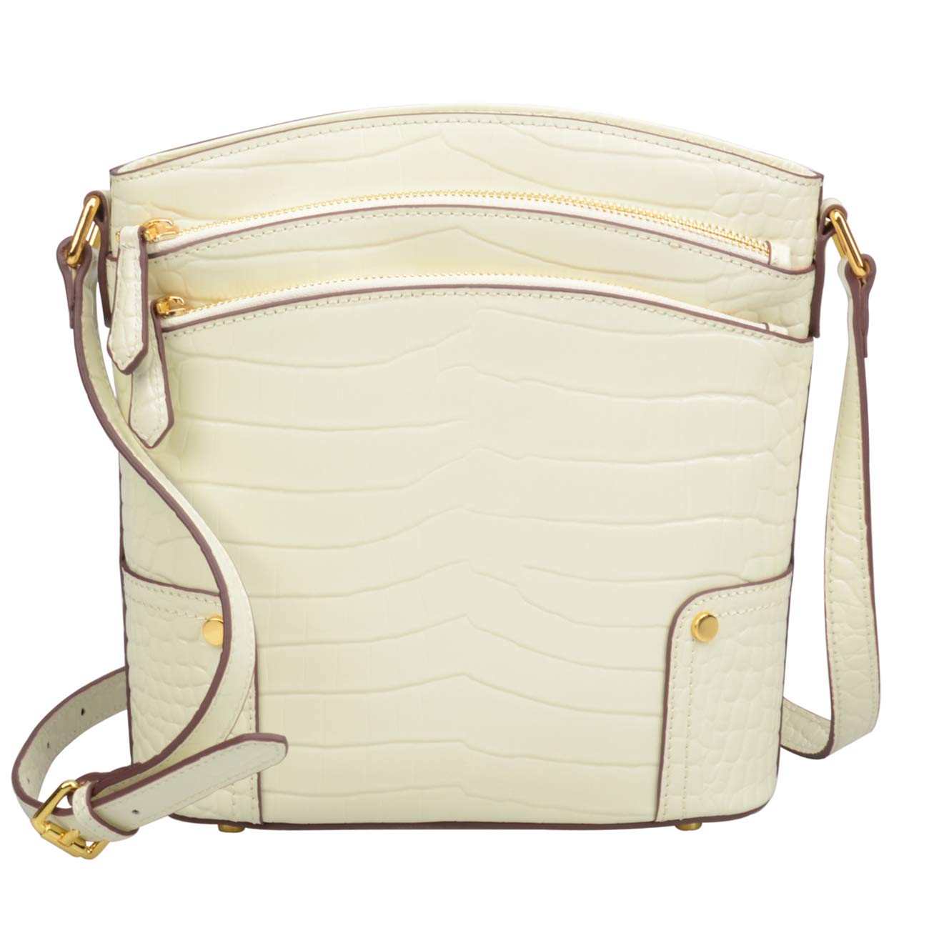 Ainifeel Women's Patent Leather Triple Zip Pocket Crossbody Bag Genuine leather shoulder bags (Medium, Off white)