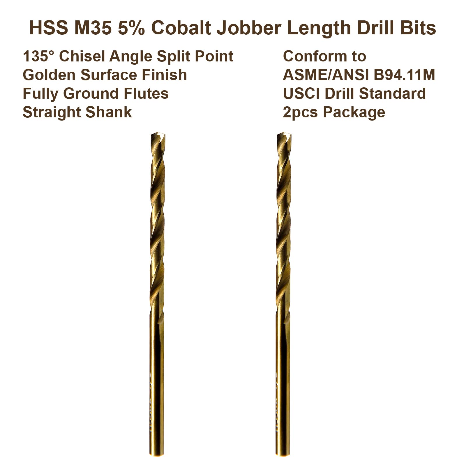 MAXTOOL No.25 2pcs Identical Jobber Length Drills 0.1495" HSS M35 Cobalt Twist Drill Bits Wire Gauge Gage Numbered Straight Shank Drills; JBN35G10R25P2