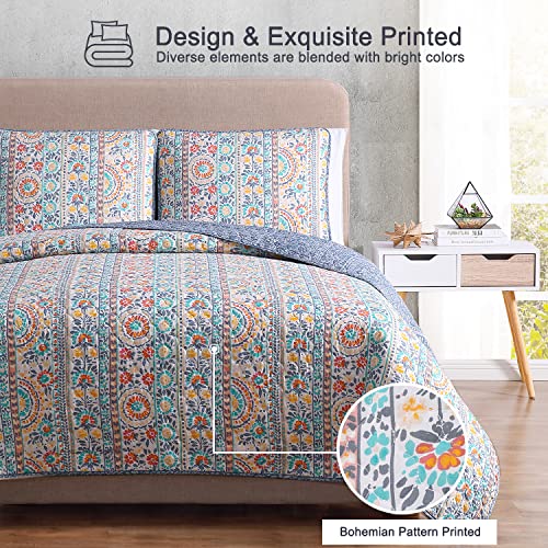 DREAMCLOUD HOME Bohemian Quilt Set Full Queen Size 3 Piece, Cosima Striped Pattern Printed Bedding Coverlet Set, Lightweight Soft Reversible Bedspread Sets for All Season (1 Quilt & 2 Pillow Shams)