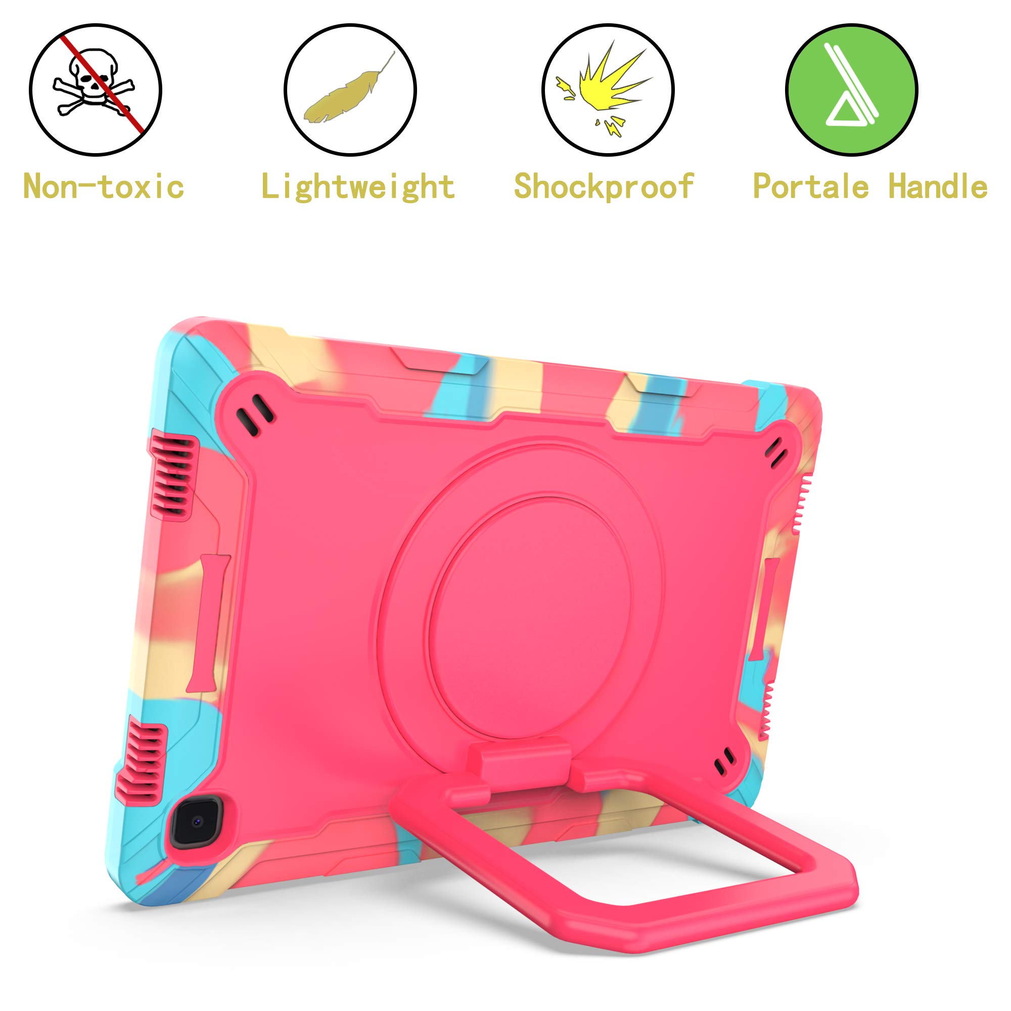TDA Trading Case for Samsung Galaxy Tab A7 10.4" 2020 (SM-T500/ SM-T503/ SM-T505/ SM-T507) - Hybrid Shockproof 360 Rotating Multi-Functional Ring Stand Case with Shoulder Straps (Multicolor/Pink)