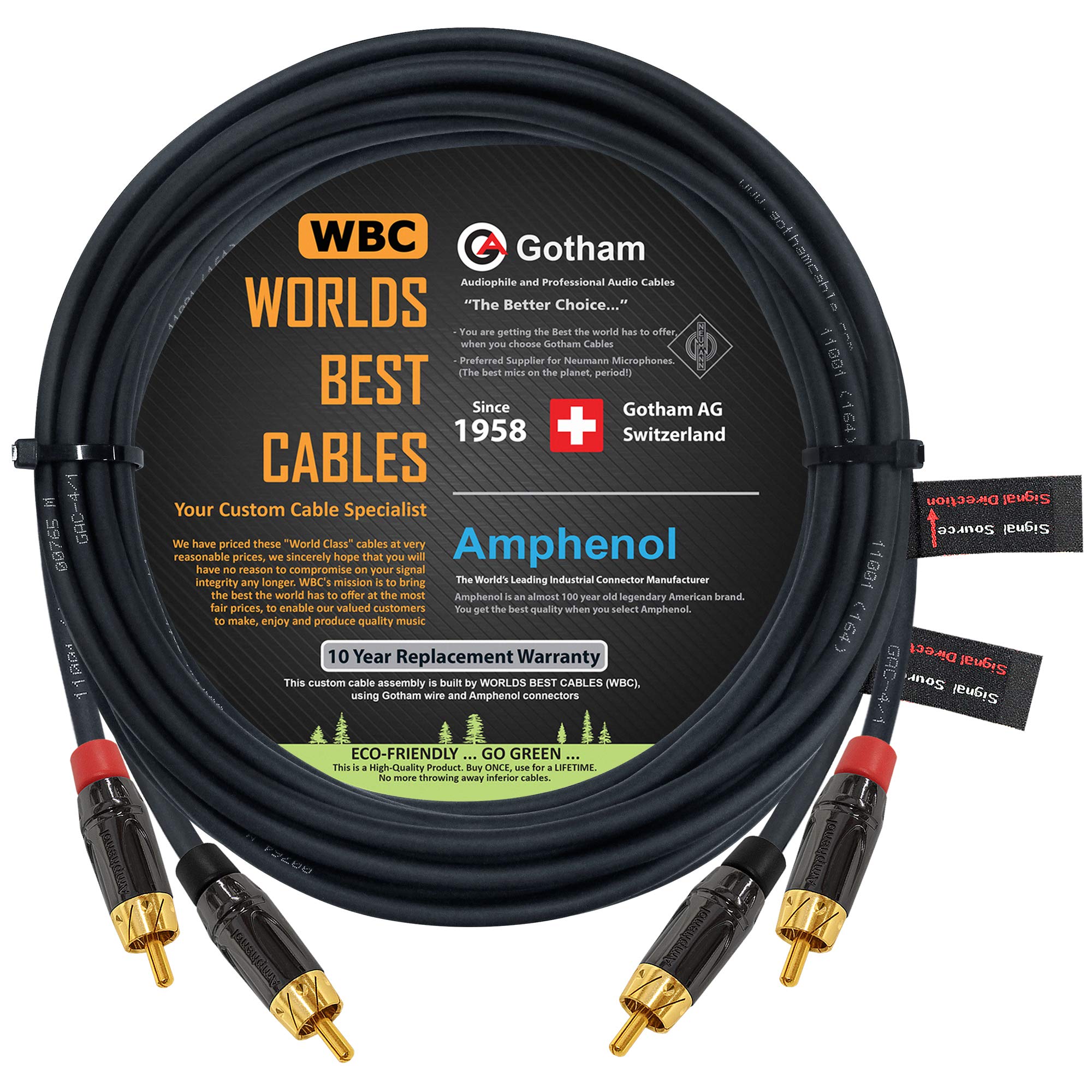 40 Foot RCA Cable Pair - Gotham GAC-4/1 (Black) Star-Quad Audio Interconnect Cable with Amphenol ACPL Black Chrome Body, Gold Plated RCA Connectors - Directional