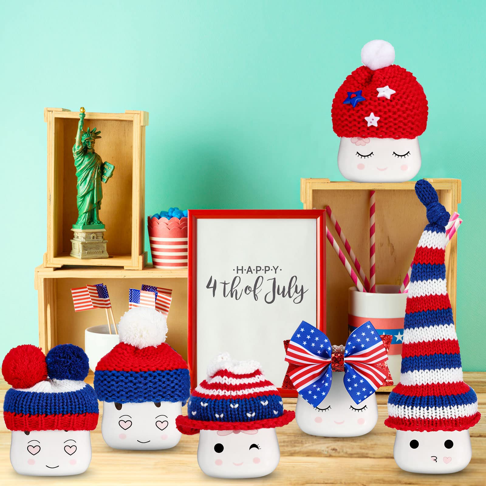 6 Pieces 4th of July Marshmallow Mug Hat Crochet Independence Day Mug Topper Hat Knitted Cup Head Mug Set Mini Marshmallow Mug Topper Decorative Mug Hat Cover for Coffee Mug Tiered Tray Decor