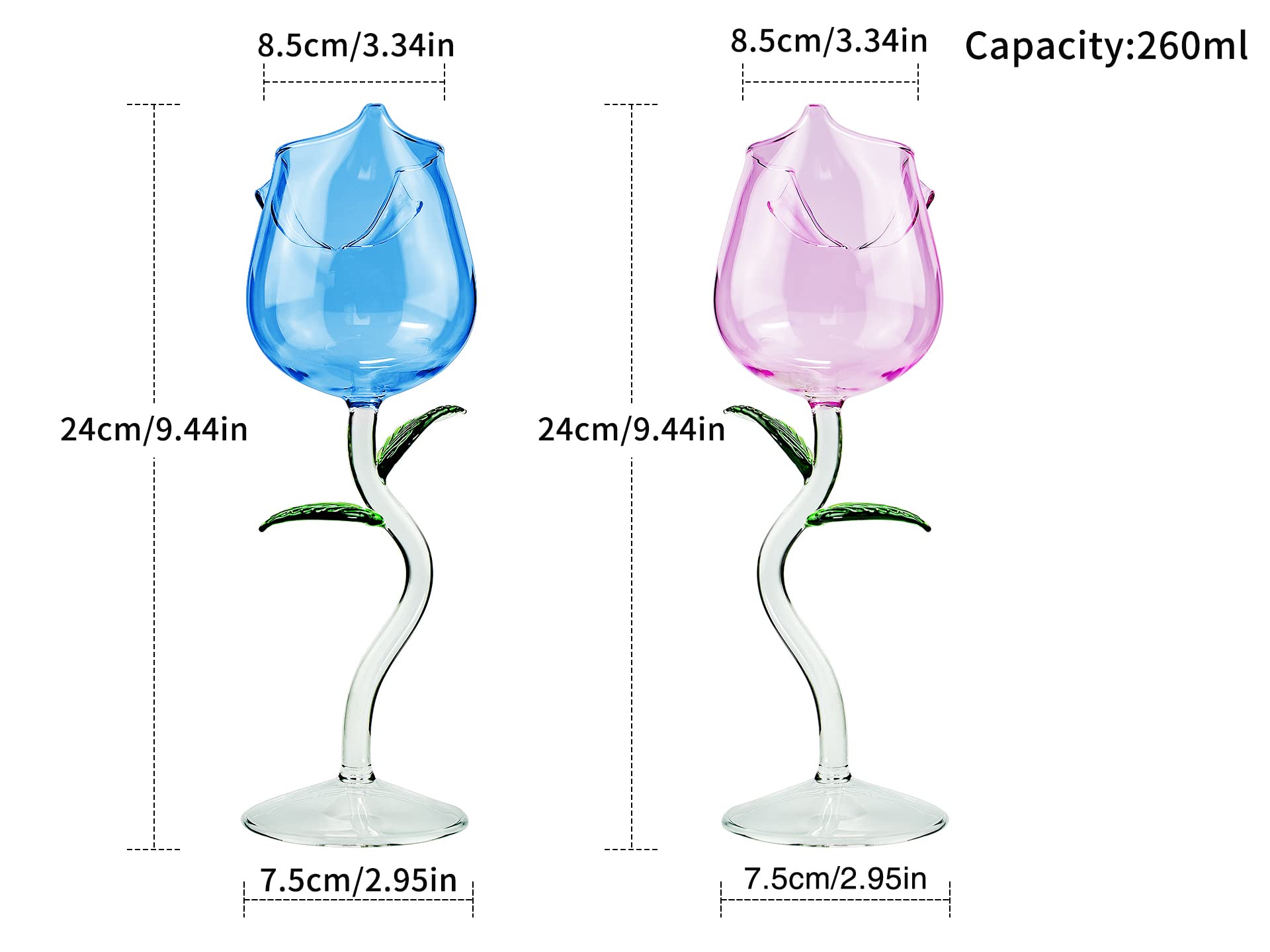 2pcs Rose Wine Glass, Creative Red Wine Glass, Rose Flower Goblet, Wine Cocktail Juice Glass for Party Dinner Wedding Festival Kitchen Bar Celebration (260ml, Blue and Pink)