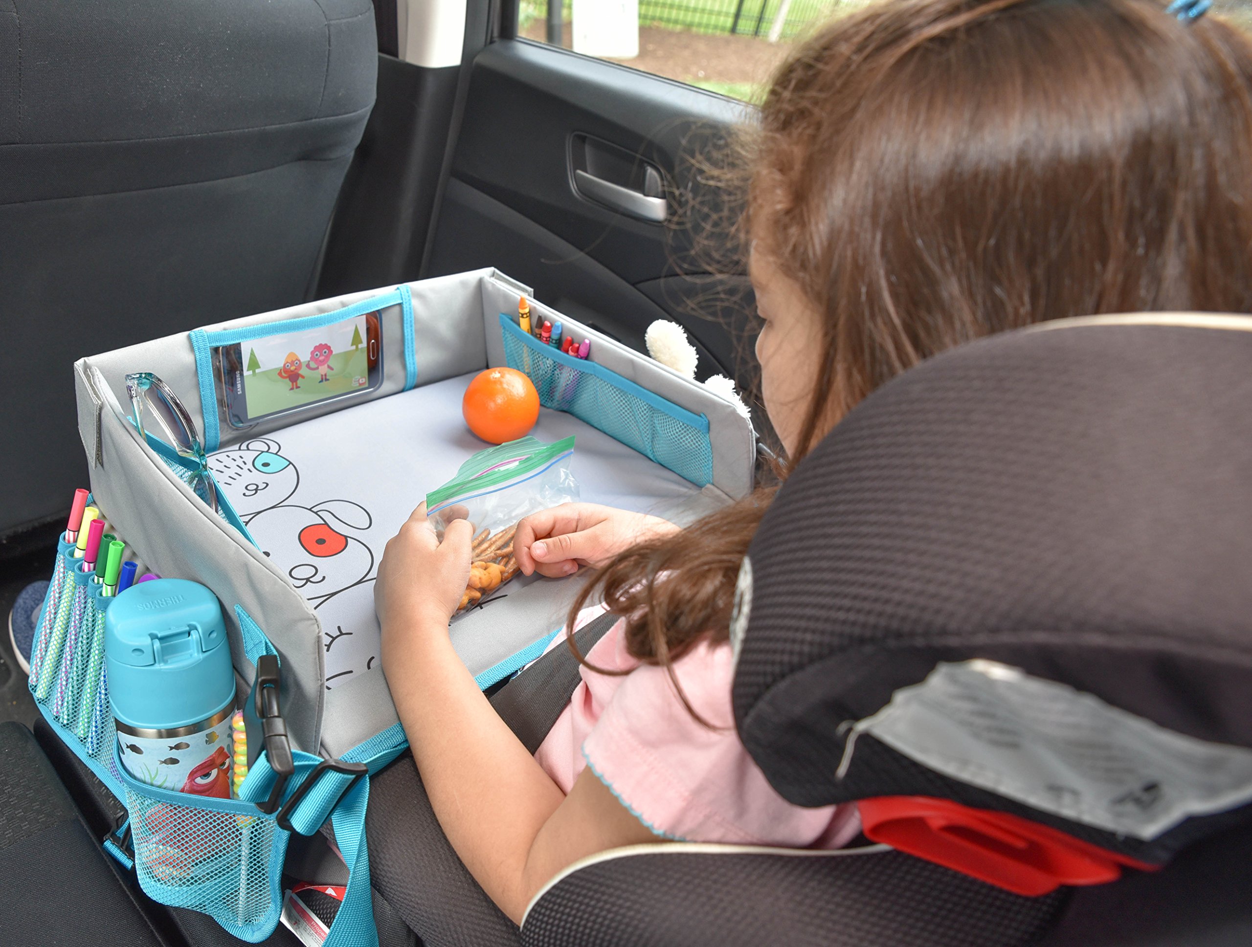 Kids Travel Tray by LillyCrafted-Premium Quality Toddler Car Seat Tray & Lap Table-with Touchscreen Phone & Tablet Holders-Toddler Activity Play & Snack Stroller Organizer-Perfect Travel Accessories