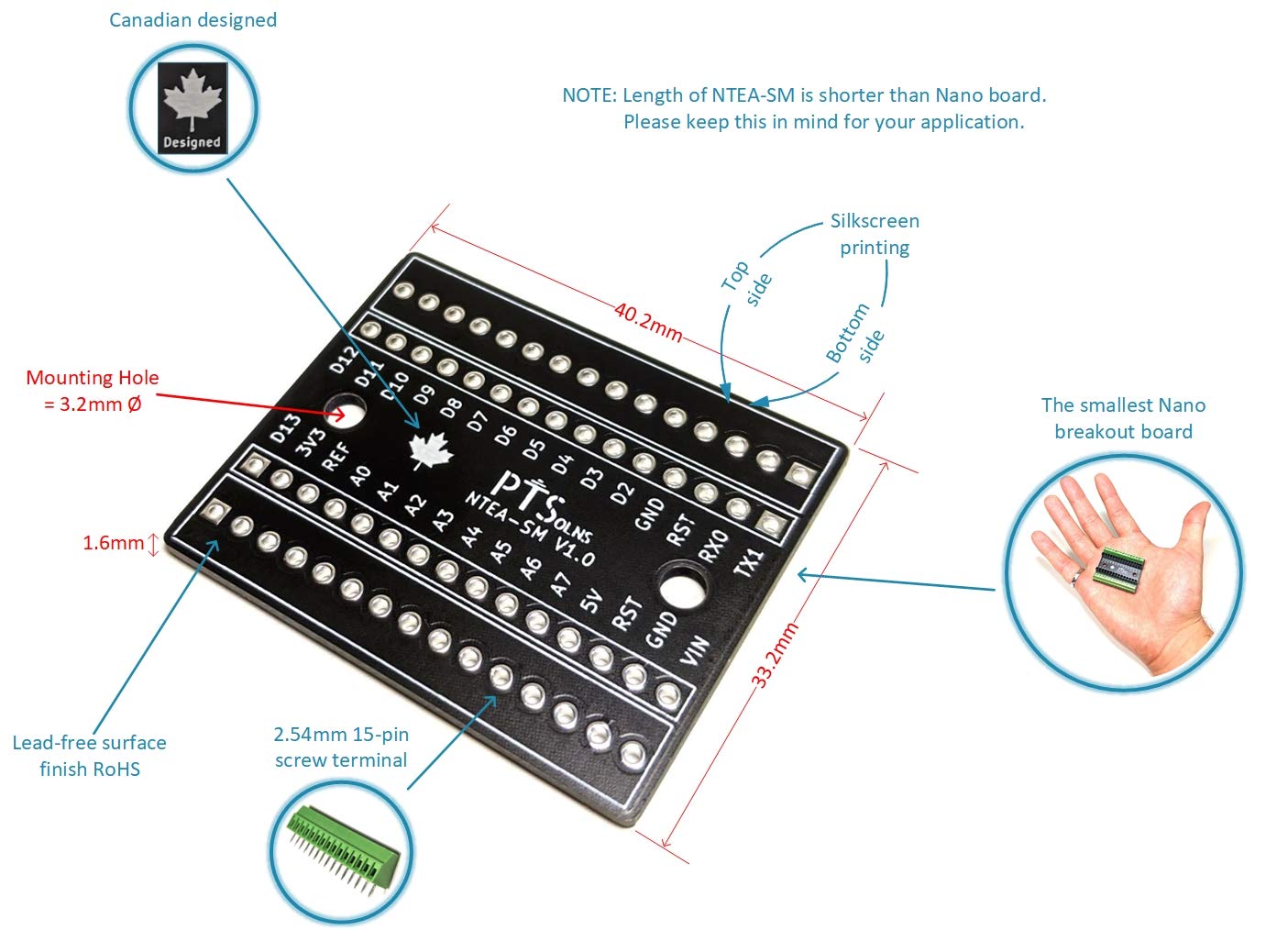 PTSolns Breakout Board BoB Expansion Adapter for Microcontroller (Nano, NTEA-SM-Assembled)