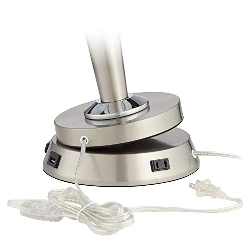 360 Lighting Modern Table Lamp with USB and AC Power Outlet Workstation Charging Base 25.75" High Silver Leaf Hammered Metal Off White Fabric Drum Shade for Living Room Bedroom Bedside