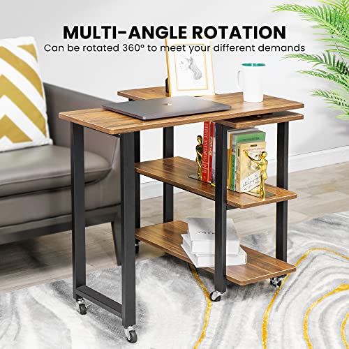 VIVOHOME Sofa Side Table 360° Rotating Mobile End Table Movable Laptop Table with 2 Tiers Storage Shelves 6 Universal Casters for Home Office
