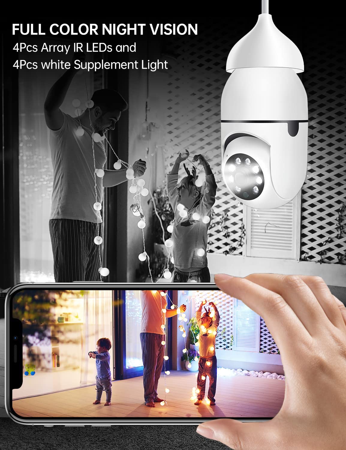 3pcs 1080P Light Bulb Security Cameras Wireless Outdoor, 2.4G WiFi Light Socket Security Cameras, Light Bulb Camera WiFi Outdoor with Color Night Vision, Auto Motion Tracking, 2-Way Talk, SD/Cloud