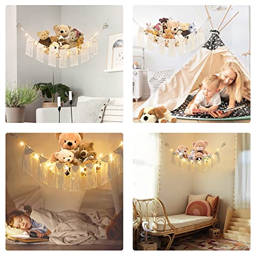 Dremisland Stuffed Animal Toy Hammock with Fairy Lights Macrame Boho Plush Toy Net Hammock with Tassels-Stuff Animals Organizer Storage Corner Plush Toys Net Holder for Nursery Play Room, Kids Bedroom