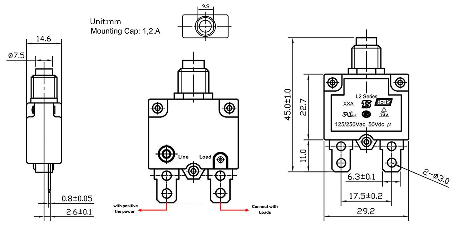ZOOKOTO 2PCS 10A DC50V AC125-250V Push Button Reset Circuit Breakers with Quick Connect Terminals and Waterproof Button Black Cap