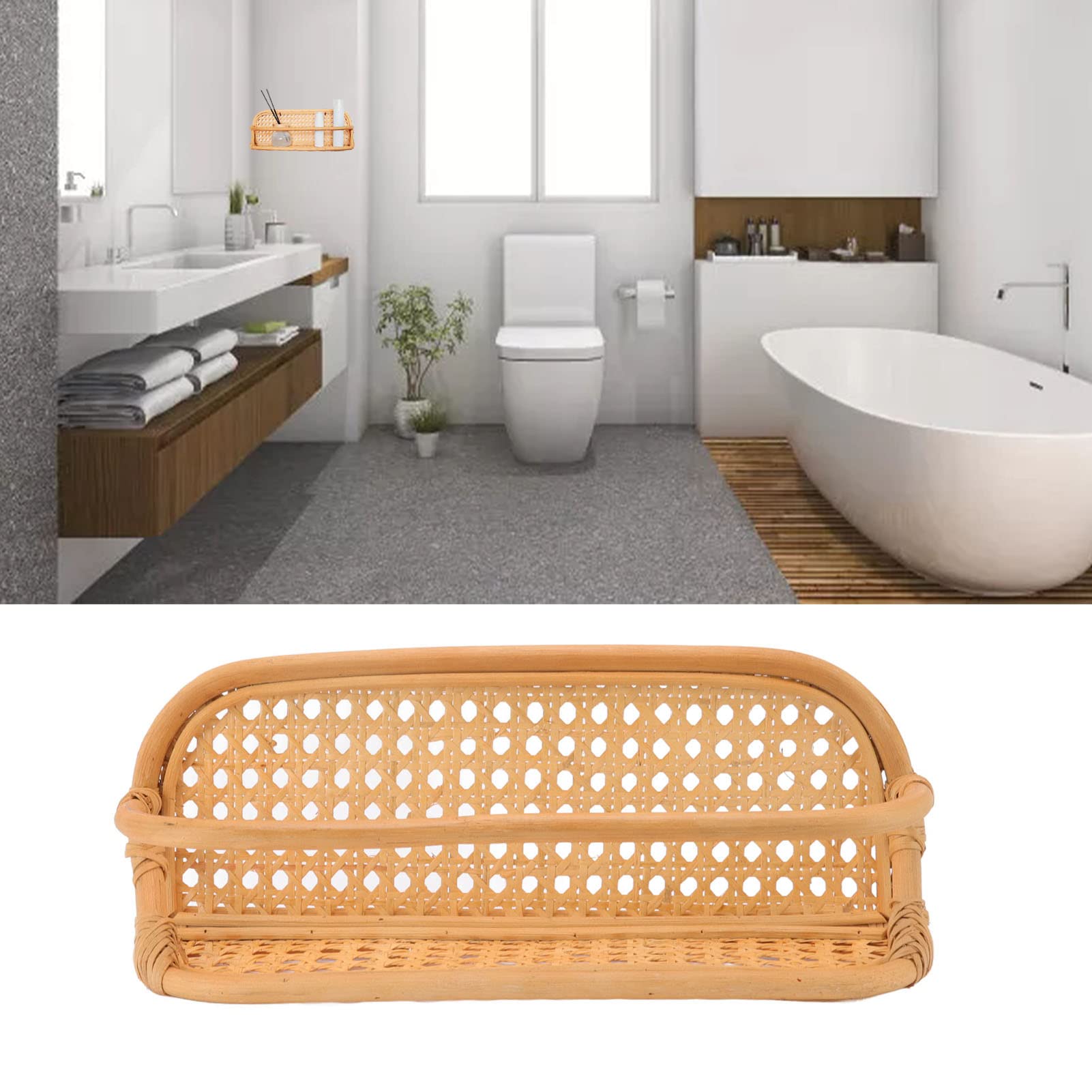Rattan Wall Shelf Floating Shelf Decorative, Natural Rattan Hanging Rack Wall Storage Shelf, Wall Mounted Natrual Rattan and Wood Storage Hanging Shelves for Kitchen Bathroom
