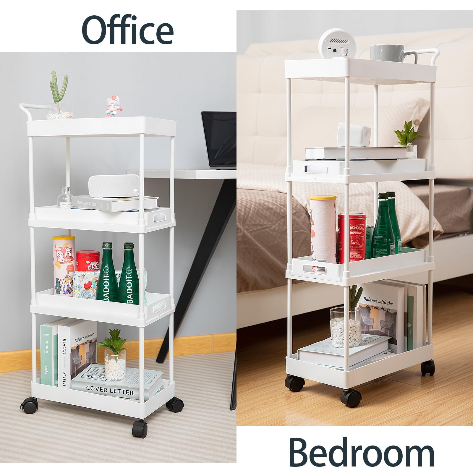 3 Tier Rolling Utility Cart with Drawers, Art Cart, Slide Out Bathroom Organizer with Lockable Wheels, Storage Trolley Cart with 1 Hanging Cups & 3 Hooks for Kitchen Office Laundry (3 Story, White)