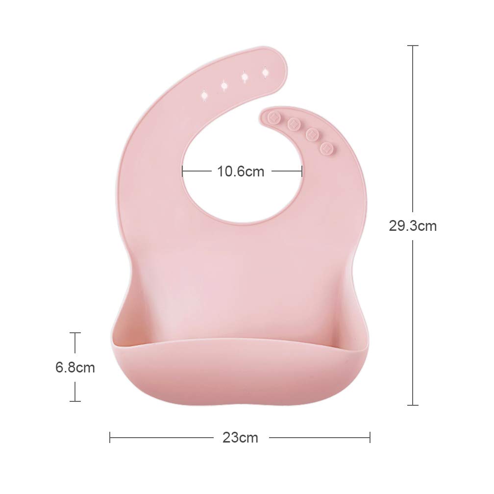 Maveek 2 Pack Silicone Baby Bib, Waterproof Babies Feeding Bib Adjustable Rubber Baby Bibs with Food Catcher Pocket for Toddlers, Easily Wipe Clean, Green & Pink