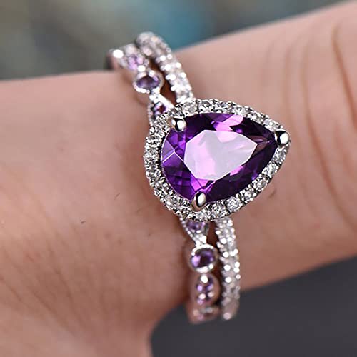 2pcs Shining Amethyst Ring Tear Drop Shape Cubic Zirconia Promise Rings Set Teardrop Ring Engagement Wedding Band Ring Sets