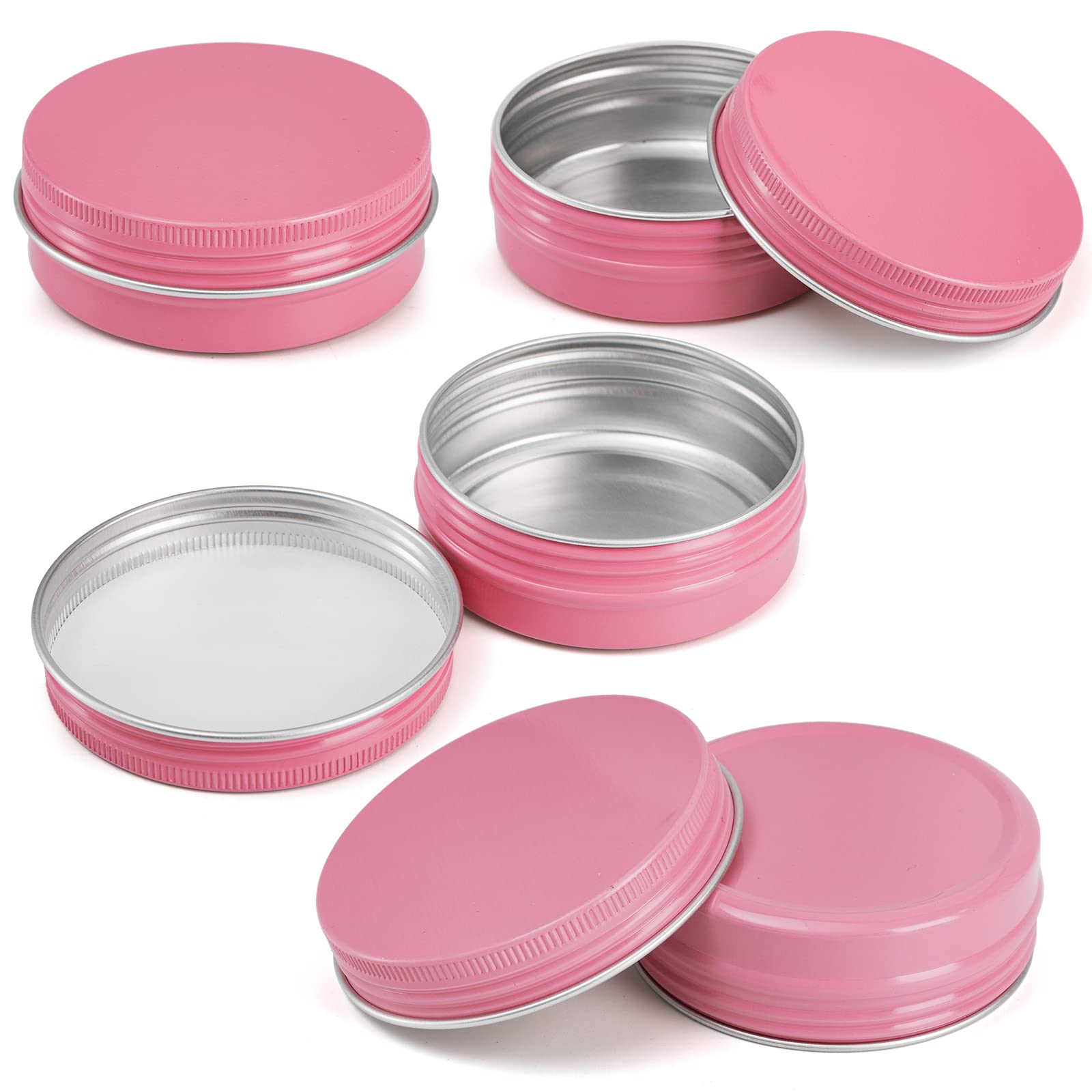 Foraineam 48 Pack 2 oz Screw Top Round Tin Cans with White Labels, Pink Aluminum Cosmetic Sample Containers, Metal Empty Tins Travel Storage Tin Jars for Lip Balm, Salve, Spice, Candy or Crafts
