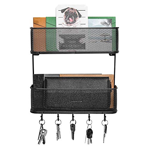 PAG Wall Mount Mail Organizer Double Basket Hanging Letter Sorter with 5 Key Hooks for Entryway/Kitchen/Mudroom/Home/Office, Black