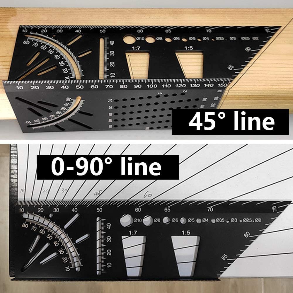 Aluminum Alloy Woodworking Square Size Measure Ruler, 3D Mitre Angle Measuring Template Tool, 45 90 Degree Carpenter's Layout Ruler Gauge Woodworking Accessories Gifts for Men Dad Father Husband