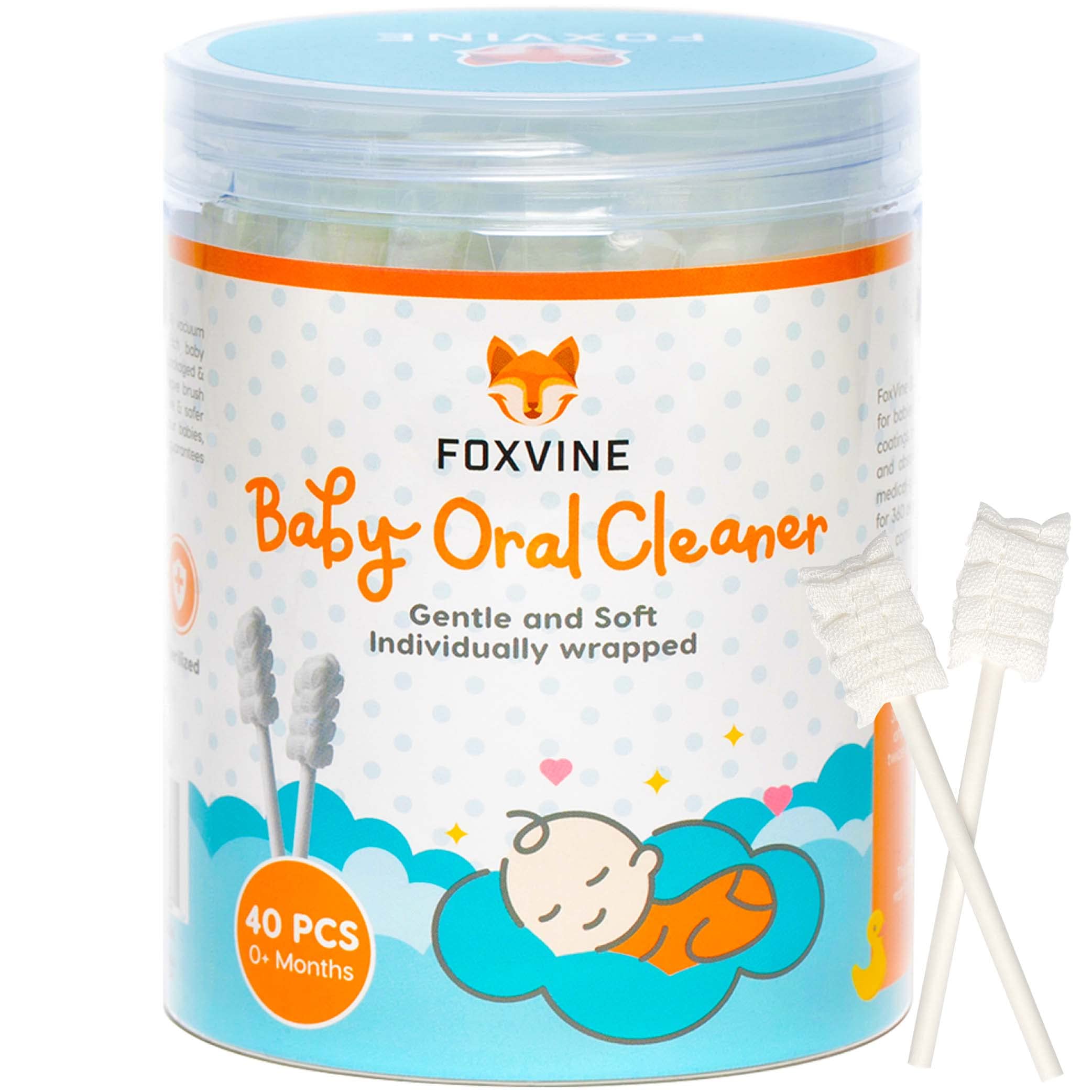 EcoFox Baby Tongue Cleaner [40 Pack] Individually Wrapped & Disposable | Infant & Newborn Babies | Soft Gauze Toothbrush with Paper Handle | Sterilized & Medical Grade Soft Gauze | 0-2 Years Old