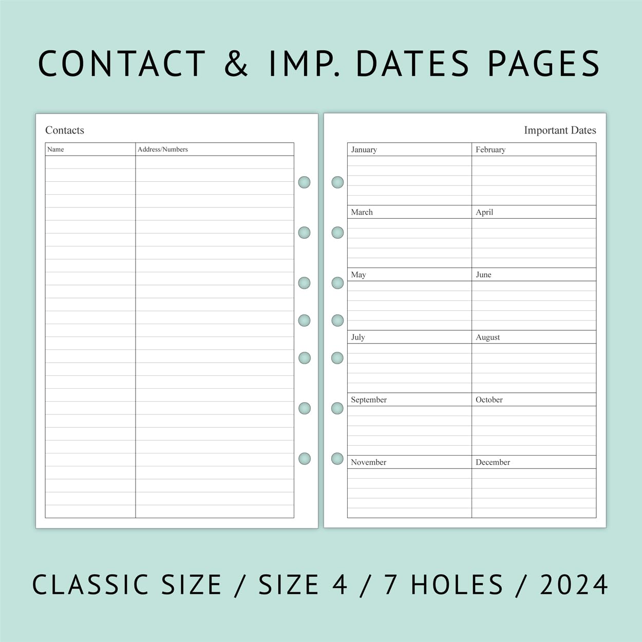 2024 Weekly & Monthly Planner Refill, 5-1/2" x 8-1/4", Runs from January 2024 to December 2024, Ruled Daily Boxes, Classic/Desk Size 4, 7-Hole Punched