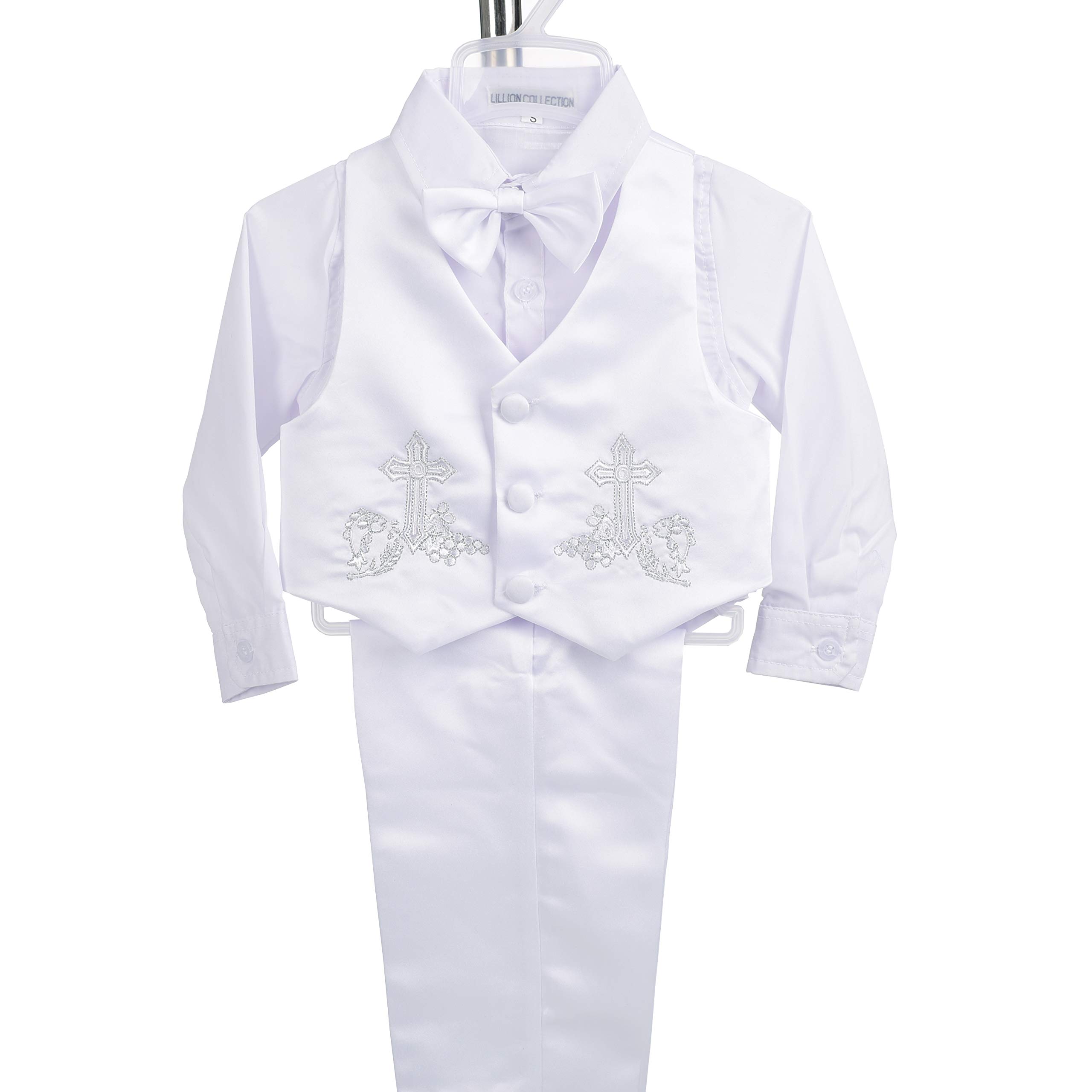 Dressy Daisy Baby Boy Satin Baptism Clothes Christening Outfit with Bonnet 5 Pieces Set Formal White Suit Size 6-9 Months Style A