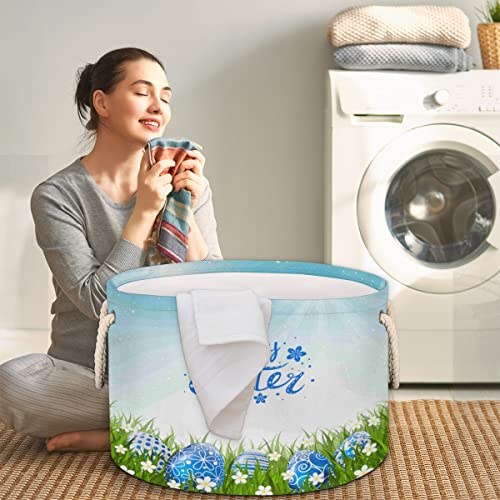 Easter Eggs Blue Large Round Baskets for Storage Laundry Baskets with Handles Blanket Storage Basket for Bathroom Shelves Bins for Organizing Nursery Hamper Girl Boy