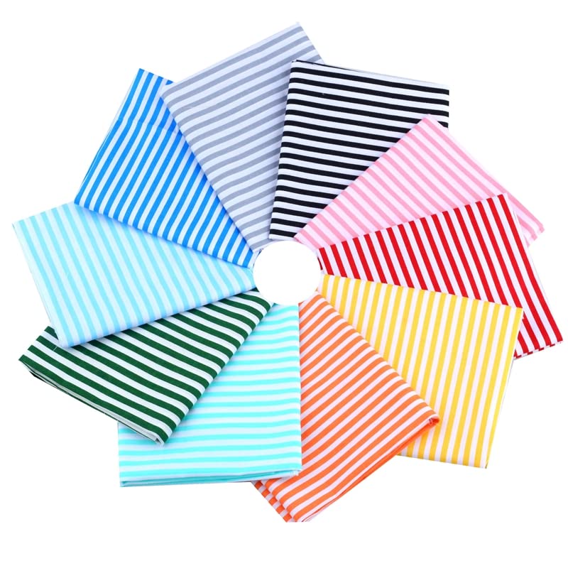AMORNPHAN Multicolors White Stripes Printed 100% Twill Cotton Quilting Bundles Fabric for Patchwork Needlework DIY Sewing Crafting Precut Face Mask 16x20 Inches (40x50cm.) Set of 10 Pieces (Stripes)