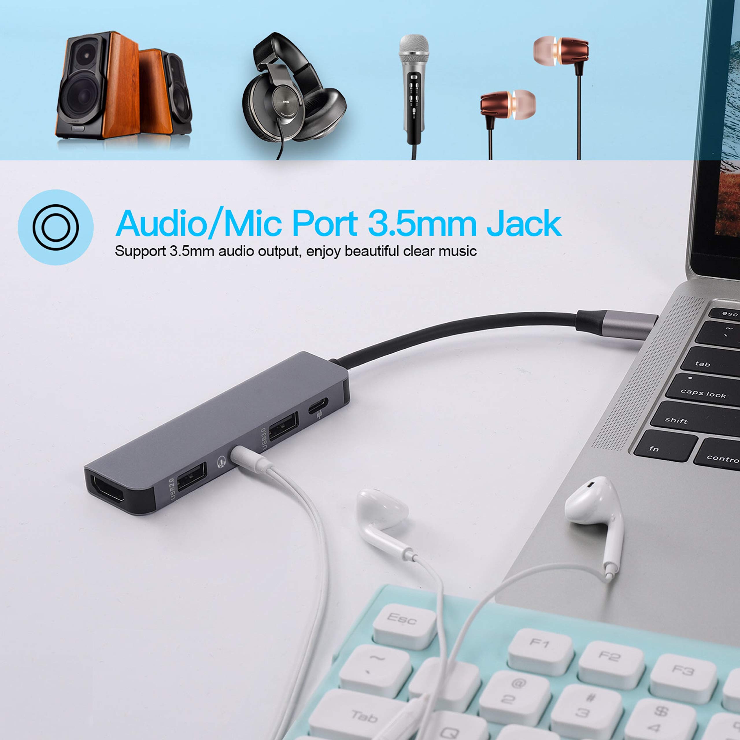 Type C 5 in 1 Hub to 4K HDMI, 2USB3.0Ports,MIC&Audio. Adapter, with PD3.0(100W) Charge