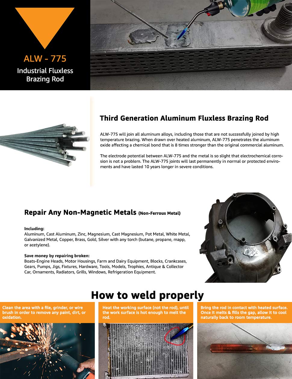 ALUMINUM FLUXLESS 5 PC.18" BRAZING RODS WELDING RODS REPAIR NON FERROUS NON MAGNETIC METAL