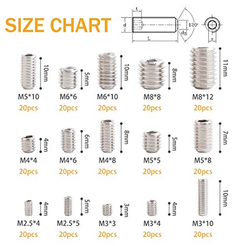 VIGRUE 300Pcs Set Screw Assorted M2.5/M3/M4/M5/M6/M8 Hex Allen Head Socket Grub Screw Assortment Kit with Internal Hex Drive, 304 Stainless Steel (Metric)