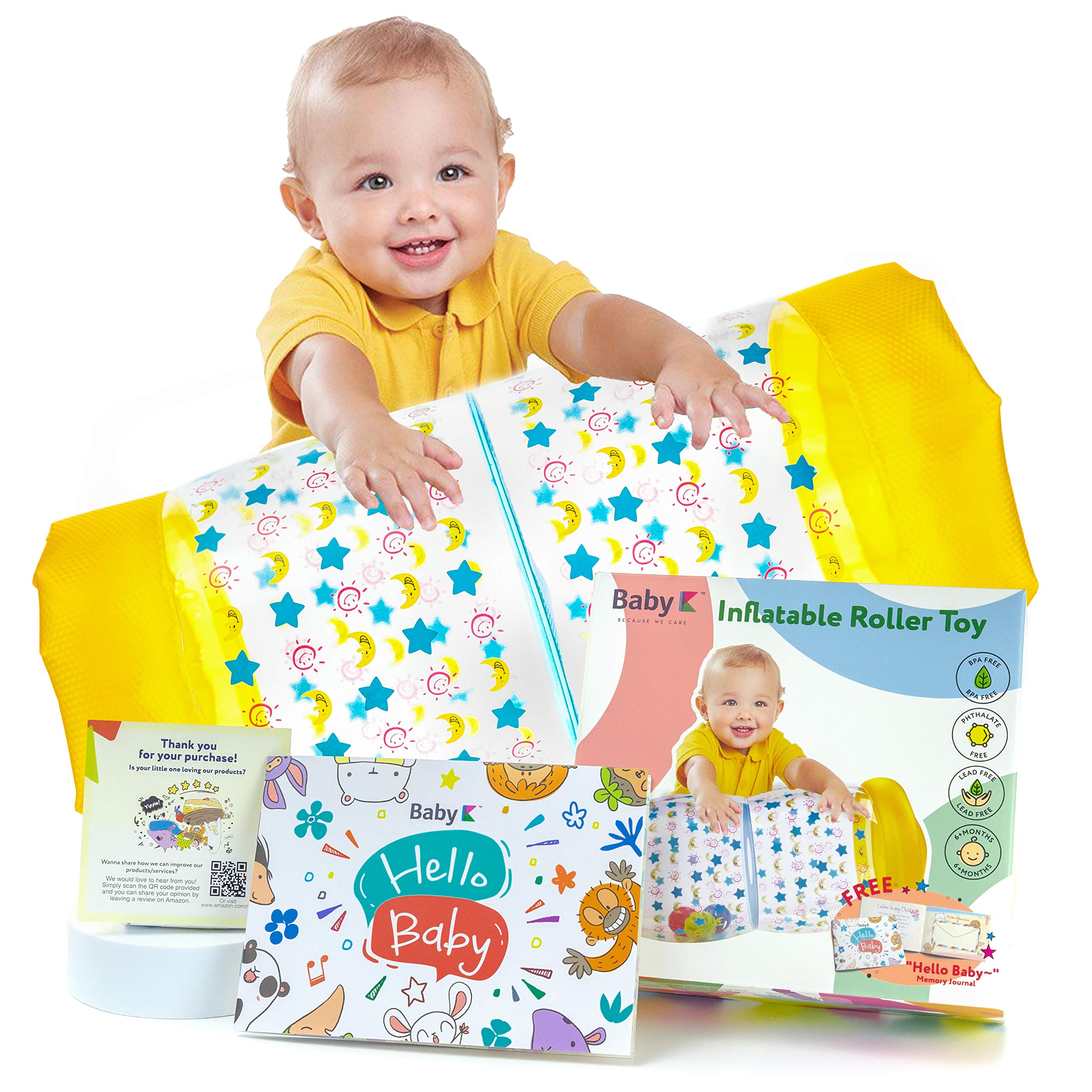 BABY K Inflatable Baby Roller Toy (Yellow) - Tummy Time Toys for Babies 0-6 Months - Baby Crawling Toys for Babies 6-12 Months- Early Development Crawling Fitness Baby Toys - Baby Exercise Toys
