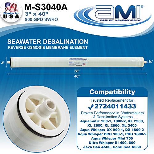 APPLIED MEMBRANES INC. 3" x 40" Seawater Desalination Reverse Osmosis Membrane | for Sea Recovery Watermaker Systems | M-S3040A Replaces 2724011433